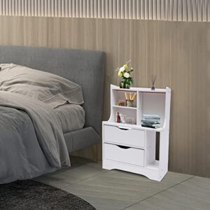 DNYSYSJ Wood End Table with 2 Drawers, White Nightstand with Storage Shelf Side Table Cabinet Bedside Furniture Books Storage Stand for Living Room Bedroom