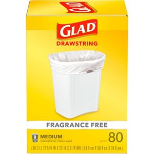 glad medium drawstring trash bags, 8 gallon, white, fragrance free, 80 count, pack may vary