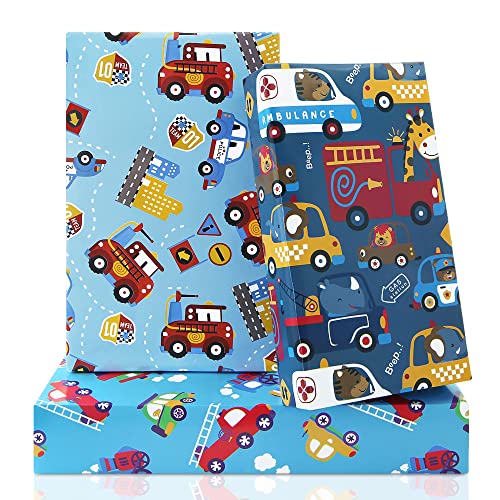 Animals Giraffe Elephant Lion Hippo Bear In Fire Trucks Crane Police Car Ambulance Boat Gift Wrapping Paper For Kids Boys Men, Gift Wrap 20 x 30 inches per sheet (Folded Flat 6 sheets in 3 Designs: 26 sq. ft. ttl.) For Birthday Party Baby Shower Holiday C