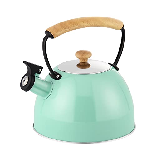 HRHongRui Stove Top Whistling Tea Kettle 304 Stainless Steel Teakettle Teapot with Ergonomic Wood Handle 3.2 Quart /3 Liter Green