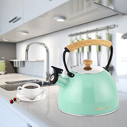 HRHongRui Stove Top Whistling Tea Kettle 304 Stainless Steel Teakettle Teapot with Ergonomic Wood Handle 3.2 Quart /3 Liter Green