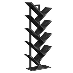 hoobro tree bookshelf, 9-tier bookcase wooden shelves, floor standing storage rack, for display of cds, books in living room, home office, wood storage rack for bedroom, black bb08sj01g1