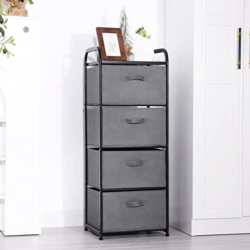 MAX Houser 4 Drawer Fabric Dresser Tall Storage Tower, Dresser Chest with Wood Top, Vertical Nightstand Side Organizer Unit with Metal Frame for Closets Bedroom Nursery Room Hallway(Leaden)