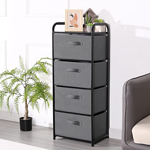 MAX Houser 4 Drawer Fabric Dresser Tall Storage Tower, Dresser Chest with Wood Top, Vertical Nightstand Side Organizer Unit with Metal Frame for Closets Bedroom Nursery Room Hallway(Leaden)