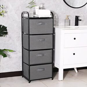 MAX Houser 4 Drawer Fabric Dresser Tall Storage Tower, Dresser Chest with Wood Top, Vertical Nightstand Side Organizer Unit with Metal Frame for Closets Bedroom Nursery Room Hallway(Leaden)