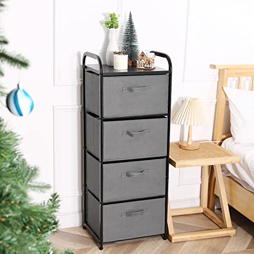 MAX Houser 4 Drawer Fabric Dresser Tall Storage Tower, Dresser Chest with Wood Top, Vertical Nightstand Side Organizer Unit with Metal Frame for Closets Bedroom Nursery Room Hallway(Leaden)