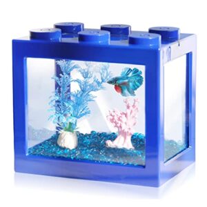 small betta fish tank, stackable mini fish tank aquarium tank kit, 3/5 gallon rectangular fish bowl with aquarium gravel decoration, cube tank for seaweed balls sea monkeys (blue)