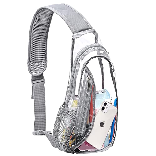 gdbis Clear Sling Bag, Stadium Approved Small PVC Crossbody Backpack, Transparent Casual Chest Daypack for Hiking, Stadium or Concerts, Grey