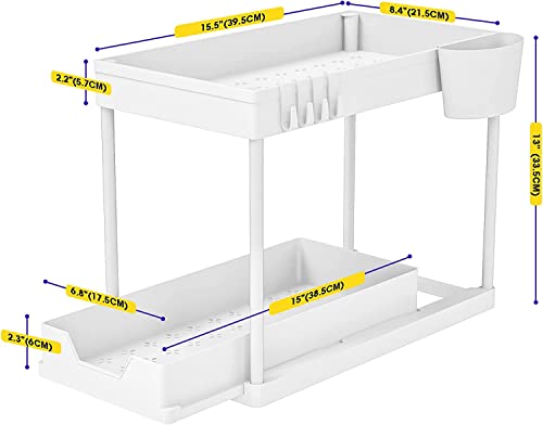 Under Sink Storage - Bnimtm 2 Pack White Under Sink Storage Kitchen Organiser - Sliding Drawer Pull Out Under Sink Organiser with Hooks Cup for Kitchen Bathroom