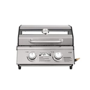 portable propane gas grill 2-burner tabletop clearview monument grills for outdoor camping cooking, two 15,000 btu burners, stainless steel, and built-in thermometer