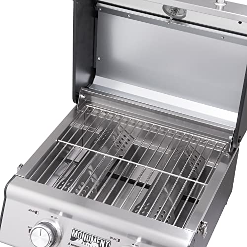 Portable Propane Gas Grill 2-Burner Tabletop Clearview Monument Grills for Outdoor Camping Cooking, Two 15,000 BTU Burners, Stainless Steel, and Built-in Thermometer