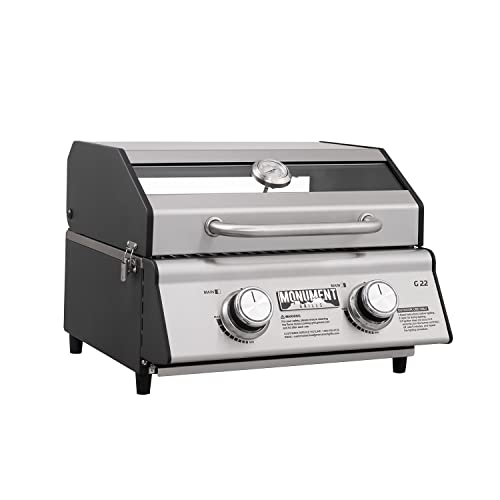 Portable Propane Gas Grill 2-Burner Tabletop Clearview Monument Grills for Outdoor Camping Cooking, Two 15,000 BTU Burners, Stainless Steel, and Built-in Thermometer