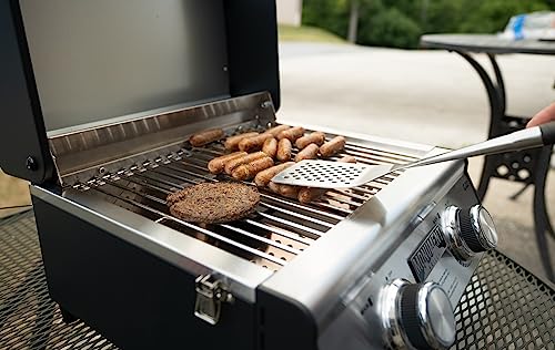 Portable Propane Gas Grill 2-Burner Tabletop Clearview Monument Grills for Outdoor Camping Cooking, Two 15,000 BTU Burners, Stainless Steel, and Built-in Thermometer