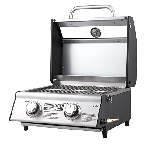 Portable Propane Gas Grill 2-Burner Tabletop Clearview Monument Grills for Outdoor Camping Cooking, Two 15,000 BTU Burners, Stainless Steel, and Built-in Thermometer