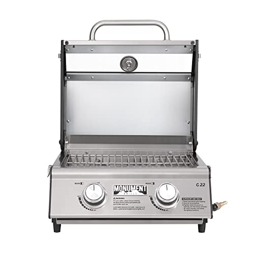 Portable Propane Gas Grill 2-Burner Tabletop Clearview Monument Grills for Outdoor Camping Cooking, Two 15,000 BTU Burners, Stainless Steel, and Built-in Thermometer