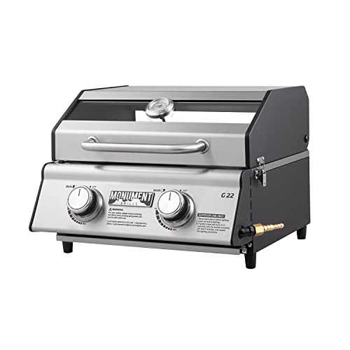 Portable Propane Gas Grill 2-Burner Tabletop Clearview Monument Grills for Outdoor Camping Cooking, Two 15,000 BTU Burners, Stainless Steel, and Built-in Thermometer