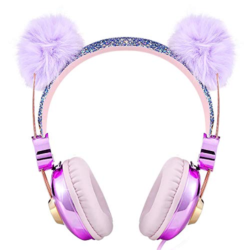 kuyaon Kids Headphones with Microphone for Girls Children Teens, Cute Bear Ear Headphones with Adjustable Headband, 3.5mm Jack Wired Over Ear Headphones for School Travel Birthday Gifts (Purple)