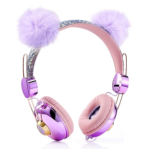 kuyaon Kids Headphones with Microphone for Girls Children Teens, Cute Bear Ear Headphones with Adjustable Headband, 3.5mm Jack Wired Over Ear Headphones for School Travel Birthday Gifts (Purple)