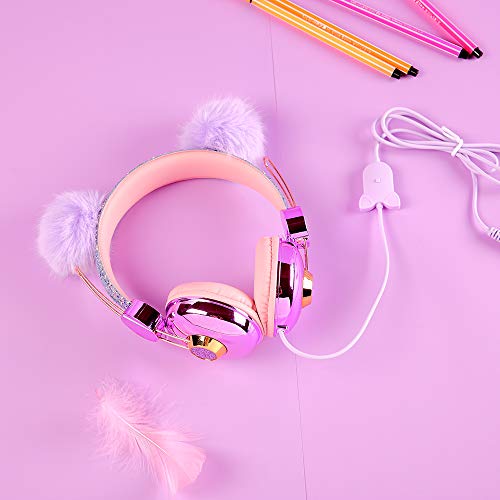 kuyaon Kids Headphones with Microphone for Girls Children Teens, Cute Bear Ear Headphones with Adjustable Headband, 3.5mm Jack Wired Over Ear Headphones for School Travel Birthday Gifts (Purple)