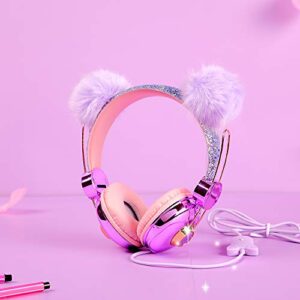 kuyaon Kids Headphones with Microphone for Girls Children Teens, Cute Bear Ear Headphones with Adjustable Headband, 3.5mm Jack Wired Over Ear Headphones for School Travel Birthday Gifts (Purple)