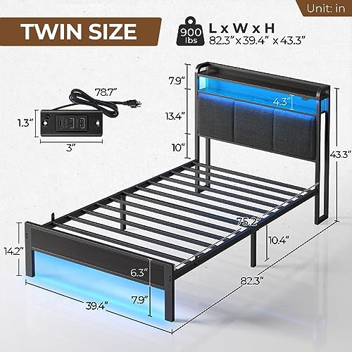 Rolanstar Bed Frame Twin Size with Charging Station and LED Lights, Upholstered Headboard with Storage Shelves, Heavy Duty Metal Slats, No Box Spring Need, Noise Free, Easy Assembly, Dark Grey