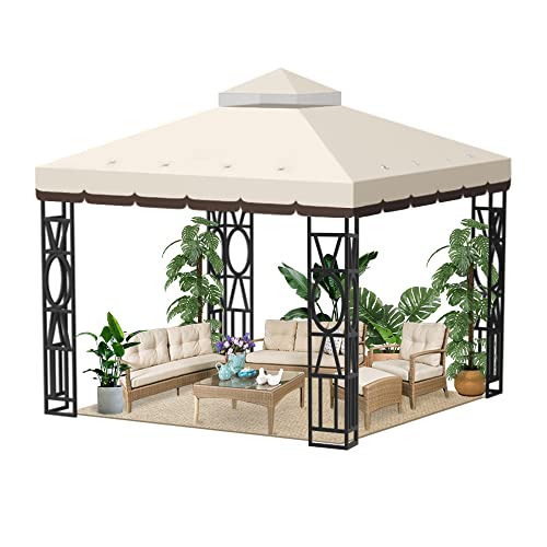 KILAKILA 10x10 Canopy Replacement Top, Double Tier Gazebo Replacement Canopy, Waterproof Mosquito Canopy Tent for Patio Garden Yard, Double Lace (Off-White+Coffee Brown lace)