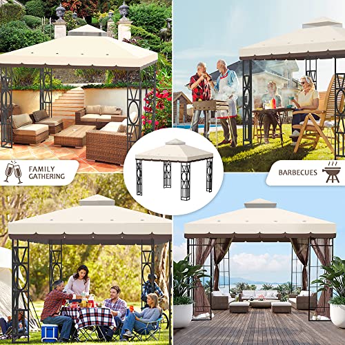 KILAKILA 10x10 Canopy Replacement Top, Double Tier Gazebo Replacement Canopy, Waterproof Mosquito Canopy Tent for Patio Garden Yard, Double Lace (Off-White+Coffee Brown lace)