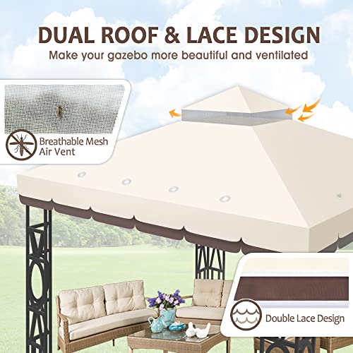 KILAKILA 10x10 Canopy Replacement Top, Double Tier Gazebo Replacement Canopy, Waterproof Mosquito Canopy Tent for Patio Garden Yard, Double Lace (Off-White+Coffee Brown lace)