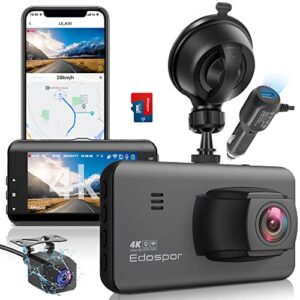 edospor 4k dash cam front and rear built in wifi gps dash camera for cars 3'' ips screen with 64gb sd card,170°wide angle,wdr,night vision,parking monitor,support 256gb max,front 4k/2.5k rear 1080p