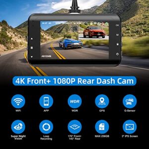 Edospor 4K Dash Cam Front and Rear Built in WiFi GPS Dash Camera for Cars 3'' IPS Screen with 64GB SD Card,170°Wide Angle,WDR,Night Vision,Parking Monitor,Support 256GB Max,Front 4K/2.5K Rear 1080P