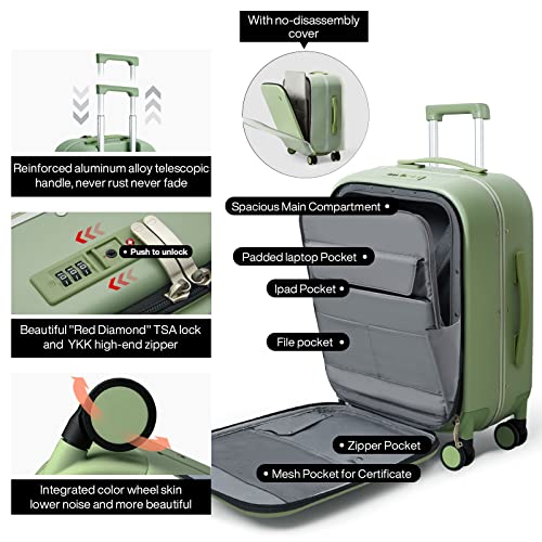 Luggage Suitcase with Spinner Wheels, 24'' Checked Travel Luggage Aluminum Frame PC Hardside with TSA Lock & Cover - Avocado Green