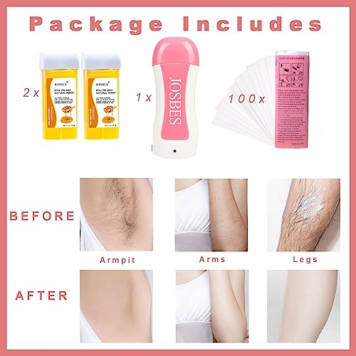 Roll On Wax, Honey Wax Roller Kit for Sensitive Skin,Roller Waxing Kit Include Portable Wax Warmer, with 2 Wax Roller Cartridge Refill,100 pcs Non-Woven Wax Strips, for Legs Arms and Underarm