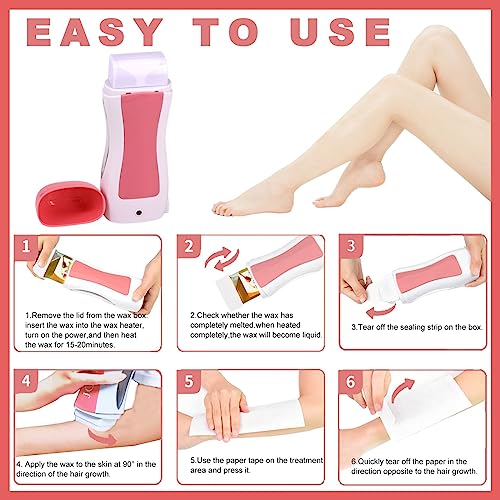 Roll On Wax, Honey Wax Roller Kit for Sensitive Skin,Roller Waxing Kit Include Portable Wax Warmer, with 2 Wax Roller Cartridge Refill,100 pcs Non-Woven Wax Strips, for Legs Arms and Underarm