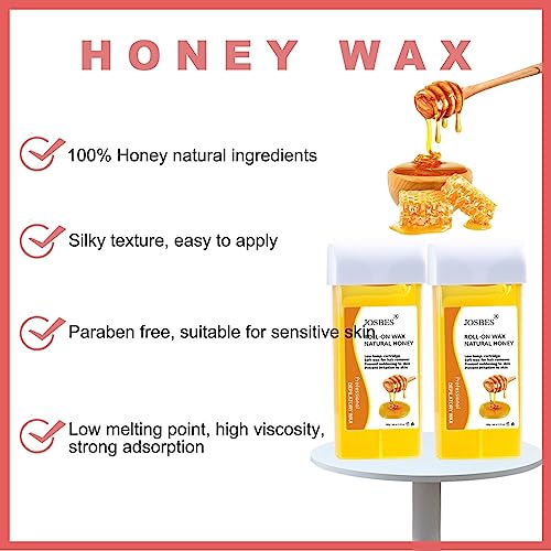 Roll On Wax, Honey Wax Roller Kit for Sensitive Skin,Roller Waxing Kit Include Portable Wax Warmer, with 2 Wax Roller Cartridge Refill,100 pcs Non-Woven Wax Strips, for Legs Arms and Underarm