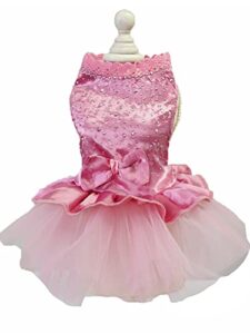 qwinee bow decor dog dresses,sweet princess cat dress puppy skirt,dog mesh cake tutu dress,birthday wedding party pet clothes for cat small medium dog doggie girl coral pink m