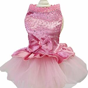 QWINEE Bow Decor Dog Dresses,Sweet Princess Cat Dress Puppy Skirt,Dog Mesh Cake Tutu Dress,Birthday Wedding Party Pet Clothes for Cat Small Medium Dog Doggie Girl Coral Pink M