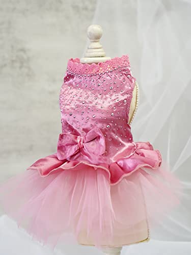 QWINEE Bow Decor Dog Dresses,Sweet Princess Cat Dress Puppy Skirt,Dog Mesh Cake Tutu Dress,Birthday Wedding Party Pet Clothes for Cat Small Medium Dog Doggie Girl Coral Pink M