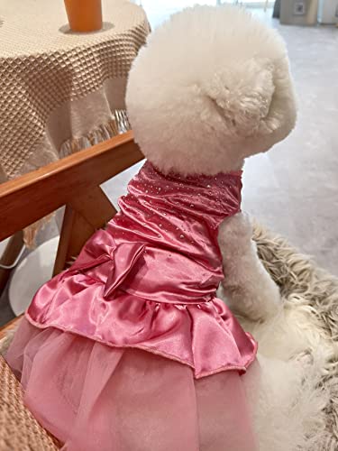 QWINEE Bow Decor Dog Dresses,Sweet Princess Cat Dress Puppy Skirt,Dog Mesh Cake Tutu Dress,Birthday Wedding Party Pet Clothes for Cat Small Medium Dog Doggie Girl Coral Pink M