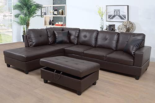 SIENWIEY Sectional Sofa Set, 103.5'' L-Shape Couch 3 PCS with Chaise and Storage Ottoman for Small Space Apartment Living Room Furniture(Brown,Left Chaise) A-brown