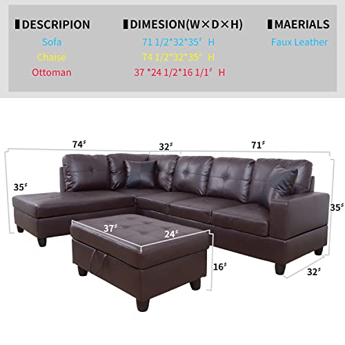 SIENWIEY Sectional Sofa Set, 103.5'' L-Shape Couch 3 PCS with Chaise and Storage Ottoman for Small Space Apartment Living Room Furniture(Brown,Left Chaise) A-brown