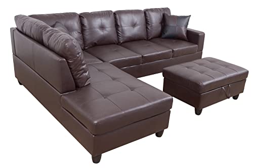 SIENWIEY Sectional Sofa Set, 103.5'' L-Shape Couch 3 PCS with Chaise and Storage Ottoman for Small Space Apartment Living Room Furniture(Brown,Left Chaise) A-brown