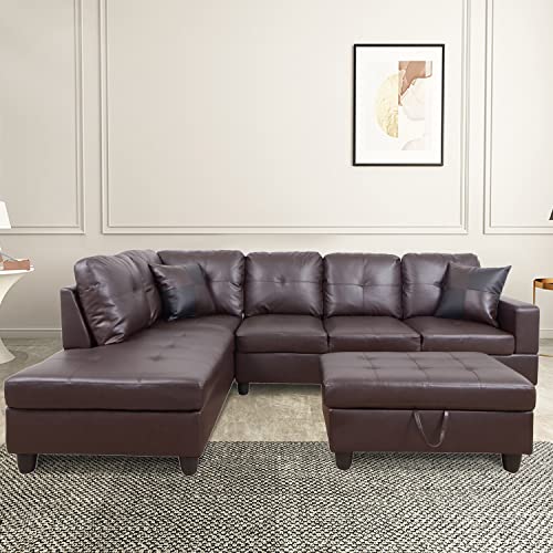 SIENWIEY Sectional Sofa Set, 103.5'' L-Shape Couch 3 PCS with Chaise and Storage Ottoman for Small Space Apartment Living Room Furniture(Brown,Left Chaise) A-brown