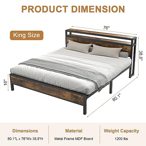 Pliwier King Bed Frame with Charging Station Headboard, Platform Bed with 2-Tier Storage Shelf, Strong Support Legs, Noise-Free, No Box Spring Needed, Easy Assembly