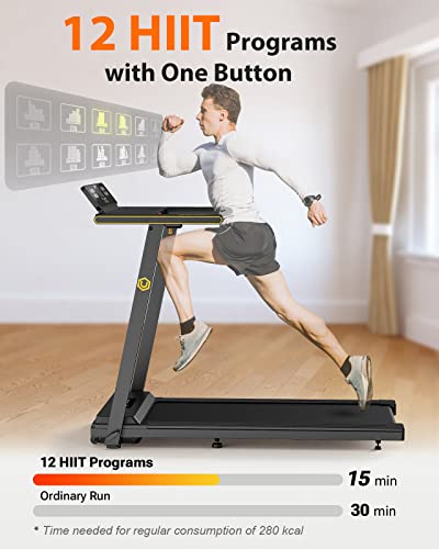 UREVO Portable Folding Treadmills for Home, Max 3.0 HP Running Walking Treadmill with 12 Pre Set Programs and Wider Tread Belt, Adjustable Display, Pause Detection