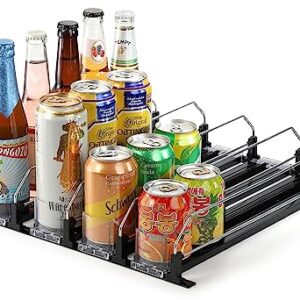 Yesland Drink Organizer for Fridge, 4 Rows Width Ajustable Soda Can Organizer for Refrigerator Self-Pushing Beverage Pusher Glide for Water Bottle, Beer Can, Juice Jar, Kitchen, Pantry, Black