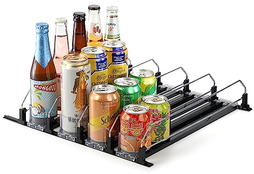 Yesland Drink Organizer for Fridge, 4 Rows Width Ajustable Soda Can Organizer for Refrigerator Self-Pushing Beverage Pusher Glide for Water Bottle, Beer Can, Juice Jar, Kitchen, Pantry, Black