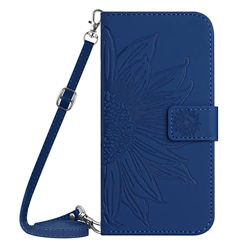 ONV Wallet Case for Oppo Reno 6 Pro 5G - with 1.5M Strap Sunflower Flip Leather Case Embossment Card Slot Shockproof Kickstand Magnetic Cover for Oppo Reno 6 Pro 5G [HT] -Blue-T