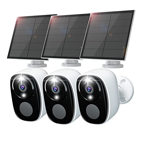 Rraycom 2K QHD Color Night Vision Solar Security Cameras Wireless Outdoor, 5200mah Battery, IP65 Waterproof, Two-Way Audio, AI Motion Detection, Alexa Compatible-3PACK BW4 with Solar Panel