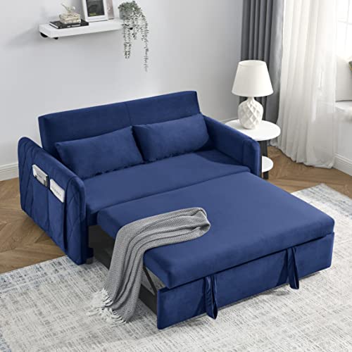 HomSof 2 Pillows and Living Room Adjustable Backrest, Grid Design Armrests 55" Modern Convertible 2 Detachable Arm Pockets, Velvet Loveseat Sofa with Pull Out Bed, Style B, Blue