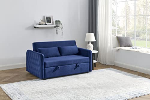 HomSof 2 Pillows and Living Room Adjustable Backrest, Grid Design Armrests 55" Modern Convertible 2 Detachable Arm Pockets, Velvet Loveseat Sofa with Pull Out Bed, Style B, Blue